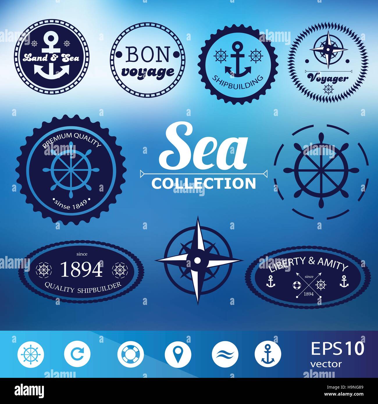 Set of vintage retro nautical badges, labels and icons on blurred ...