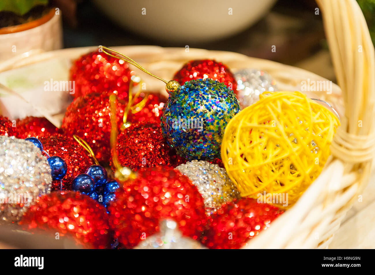 Many colored Christmas balls in a basket colorful xmas Background Stock ...