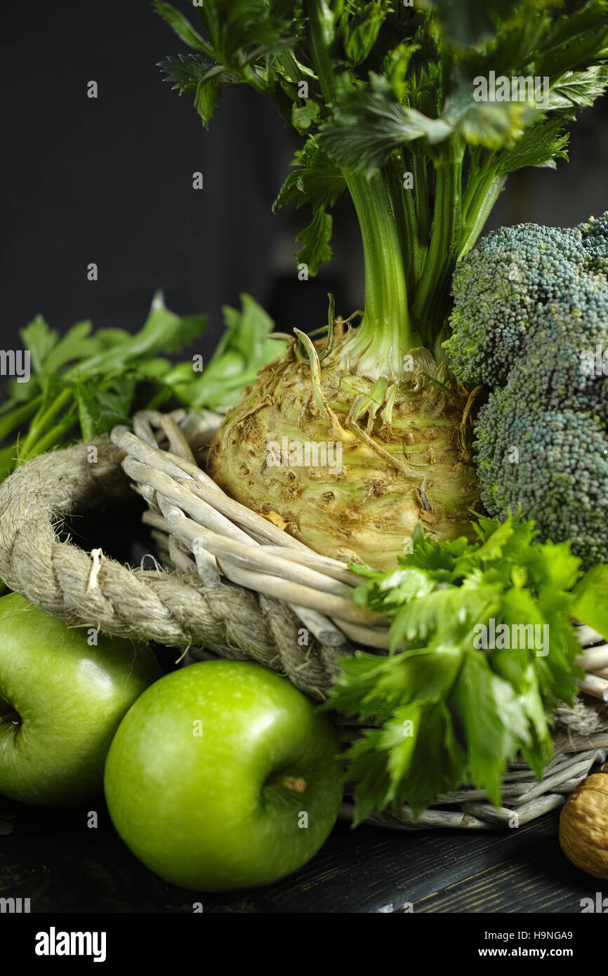 Green vegetables and fruits - celery, apples, celery root celeriac ...