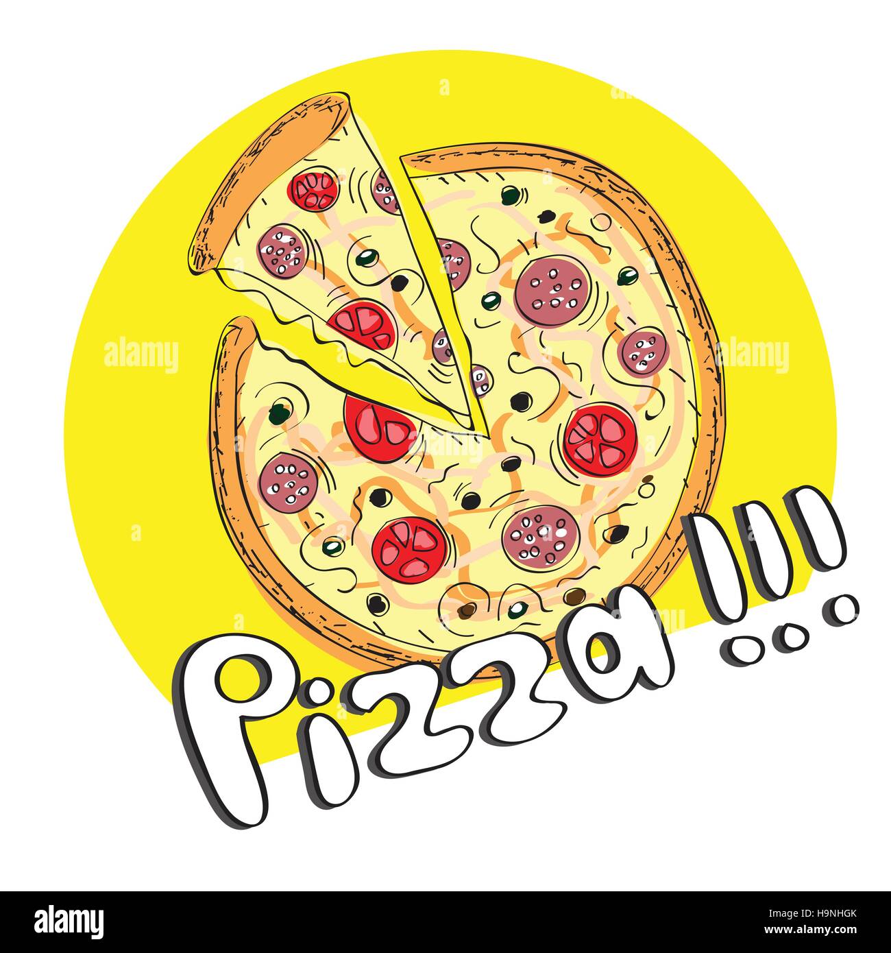 hand drawn pizza with slice - bright vector illustration Stock Vector ...