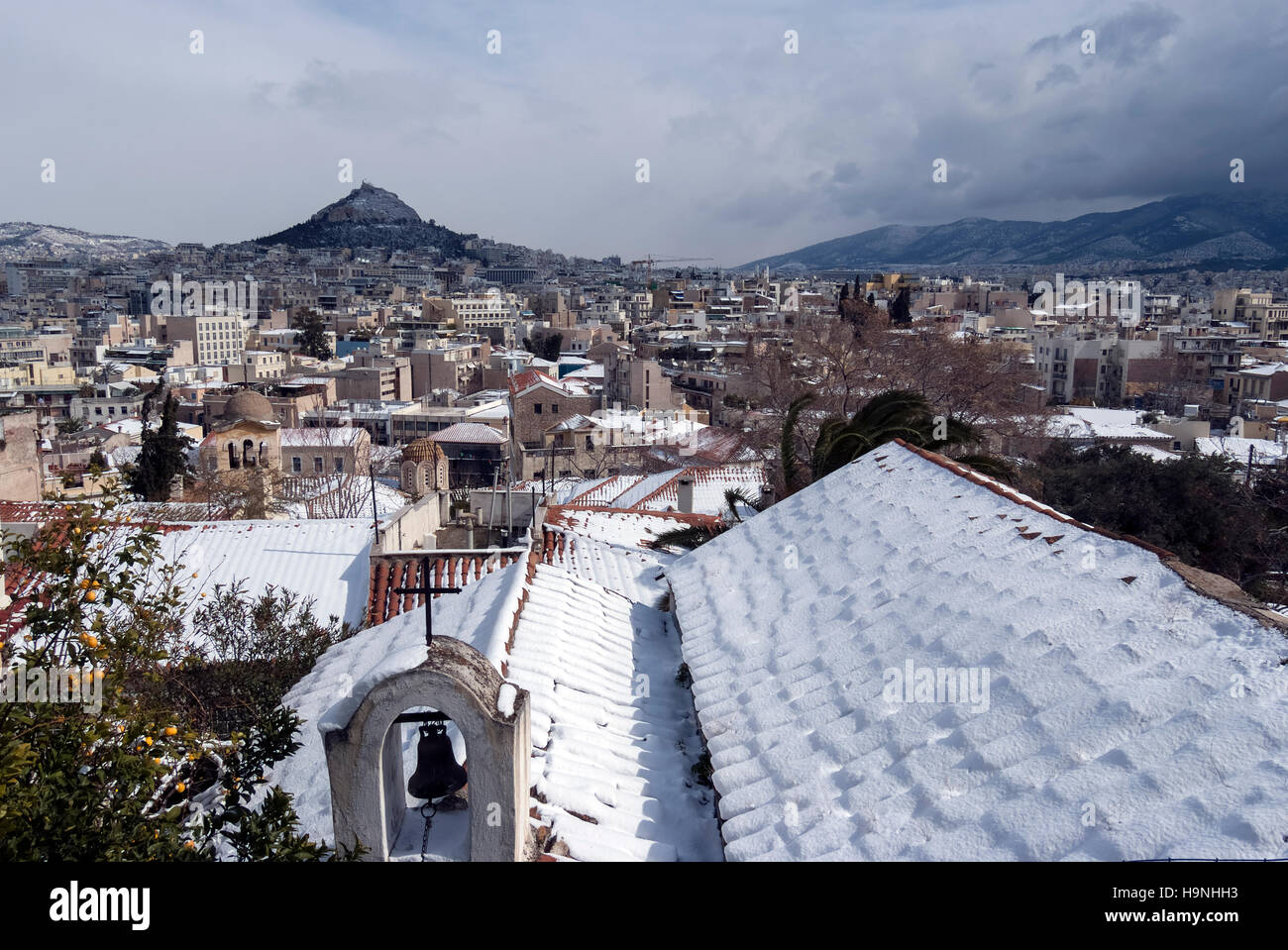 Anafiotika area of Plaka in Athens, Greece, under snow Stock Photo - Alamy
