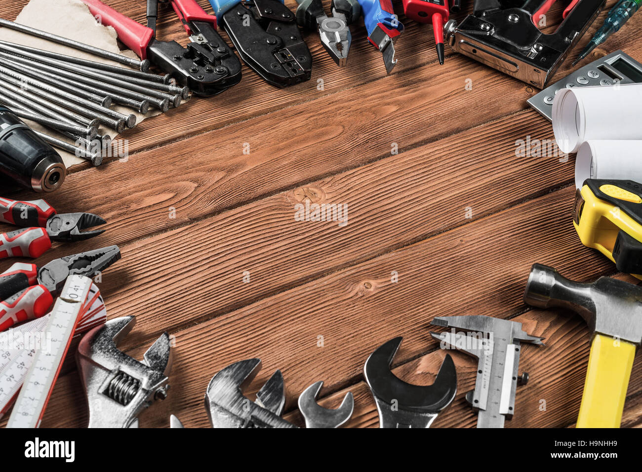 Instruments on wooden table Stock Photo - Alamy