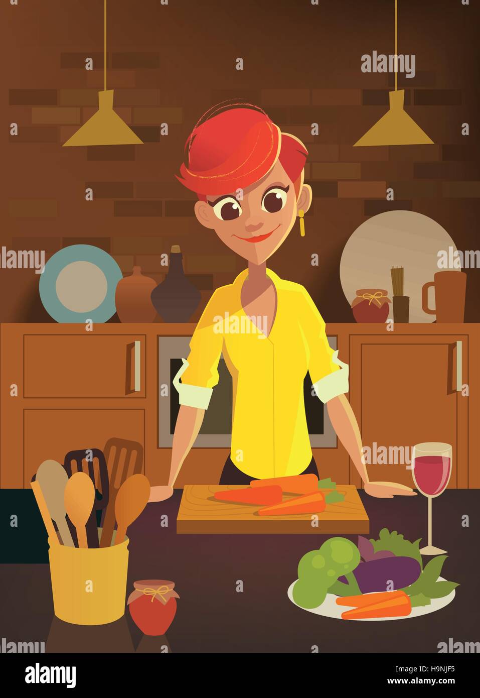 Healthy food, cartoon woman cooking in the modern kitchen. Fruits and ...