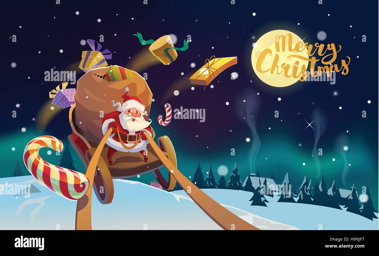 Christmas Card. Santa with the bunch of presents riding on a sleigh at ...