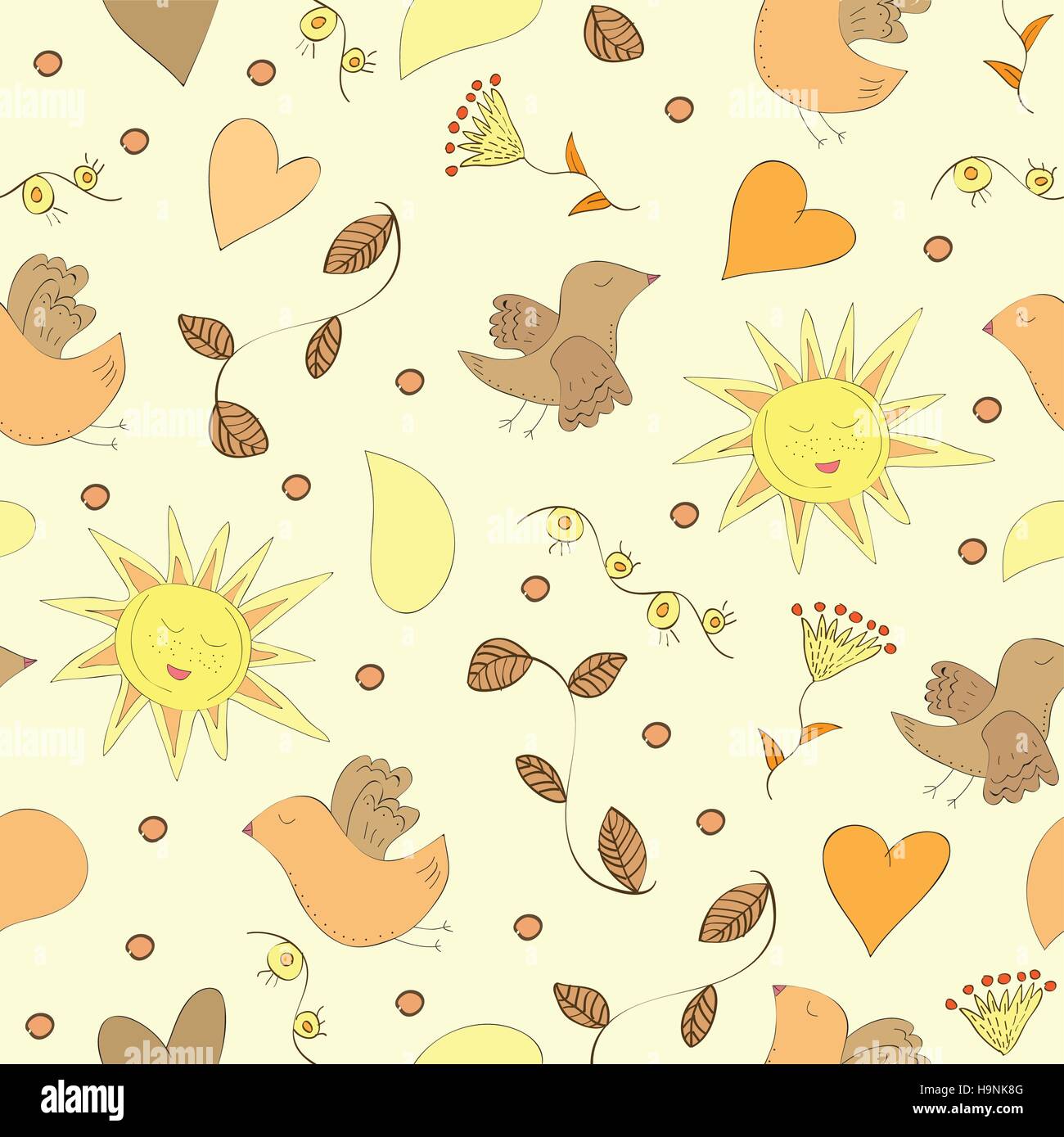 Spring doodles set with flowers, sun, birds - Seamless pattern Stock ...