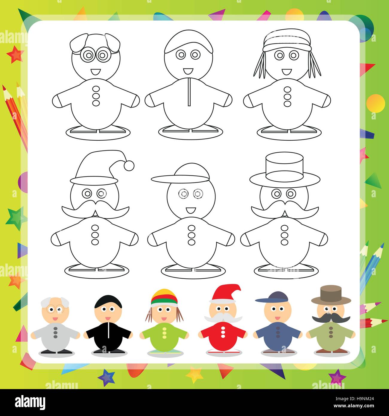 Funny cartoon character - Vector illustration Coloring book - Set Stock ...