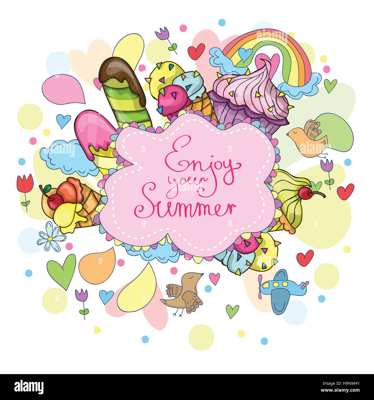 Summer doodle elements - sun, ice cream, birds Stock Vector Image & Art ...