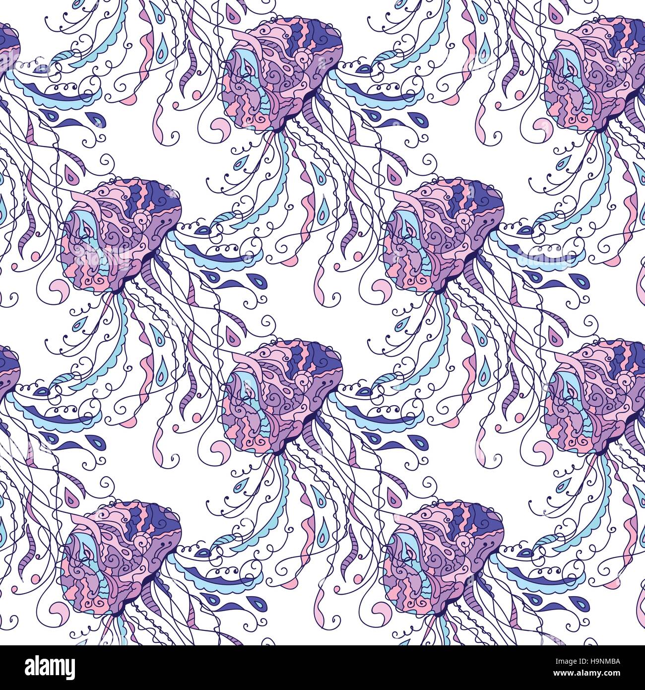 Jellyfish seamless pattern drawn in doodle art style Stock Vector Image ...