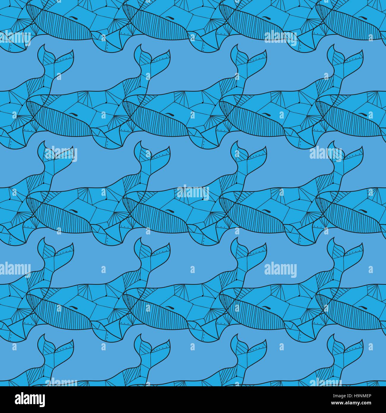 Seamless sea pattern with hand drawn whales - Doodle fish pattern Stock ...