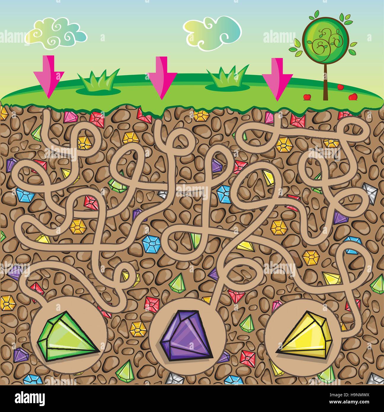 Maze for children - nature, stones and precious stones under the ground ...