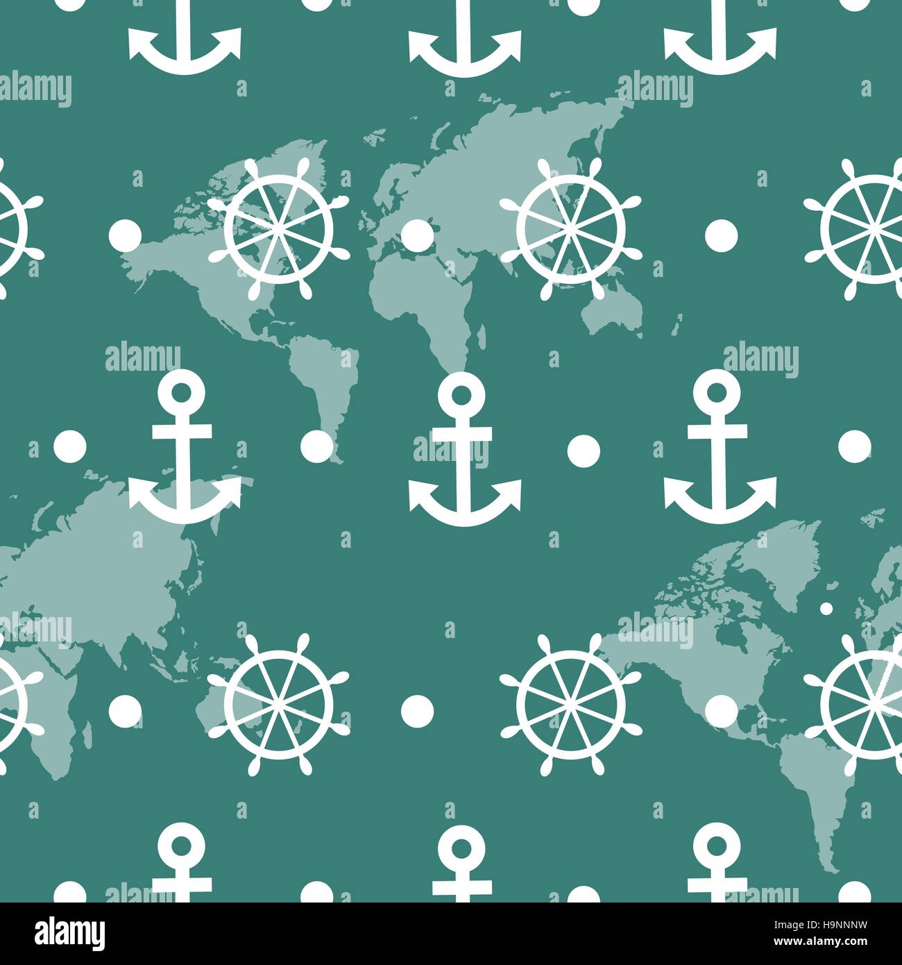 Seamless nautical pattern with white anchors and ship wheels - vector ...