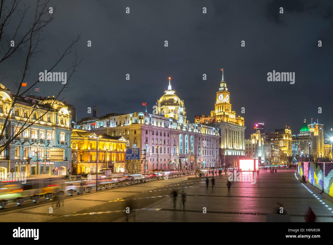 Shanghai Waitan night view with historic buildings over Huangpu River ...