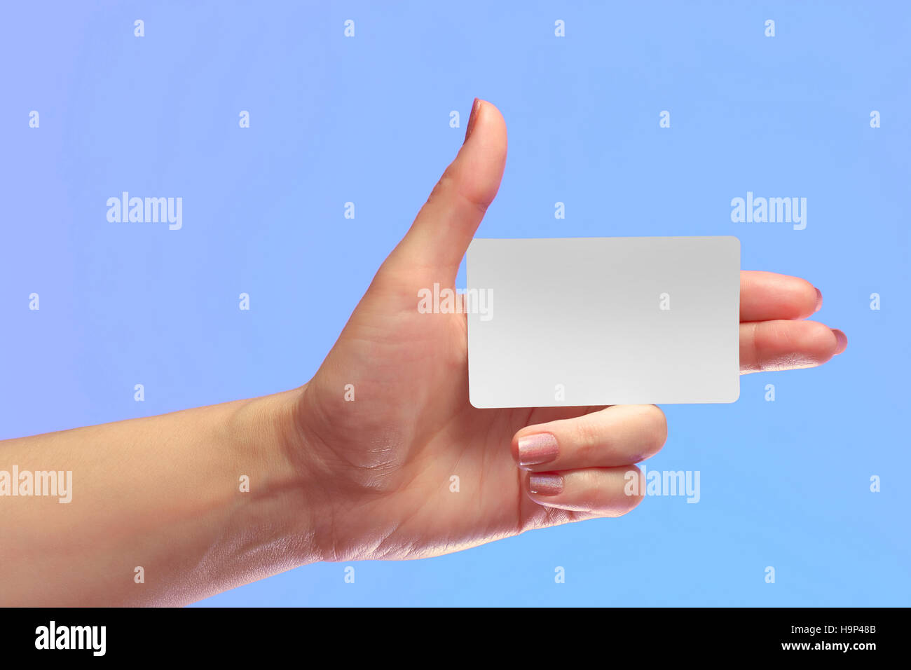 Left Female Hand Hold Blank White Card Mockup. Prepaid Plastic NFC Id ...