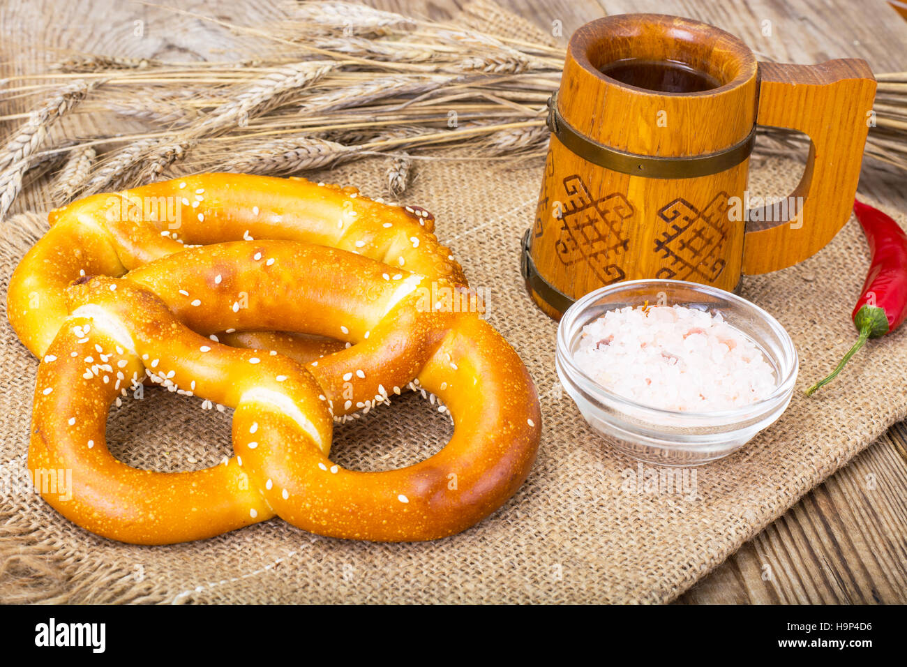 Homemade soft pretzels with sesame seeds and sea salt. Studio Photo ...