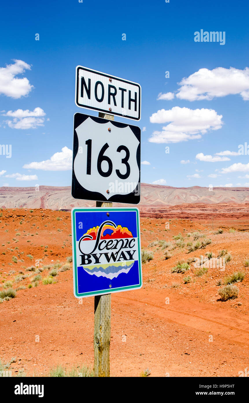 North 163 highway scenic byway route road sign, Monument Valley, Utah ...