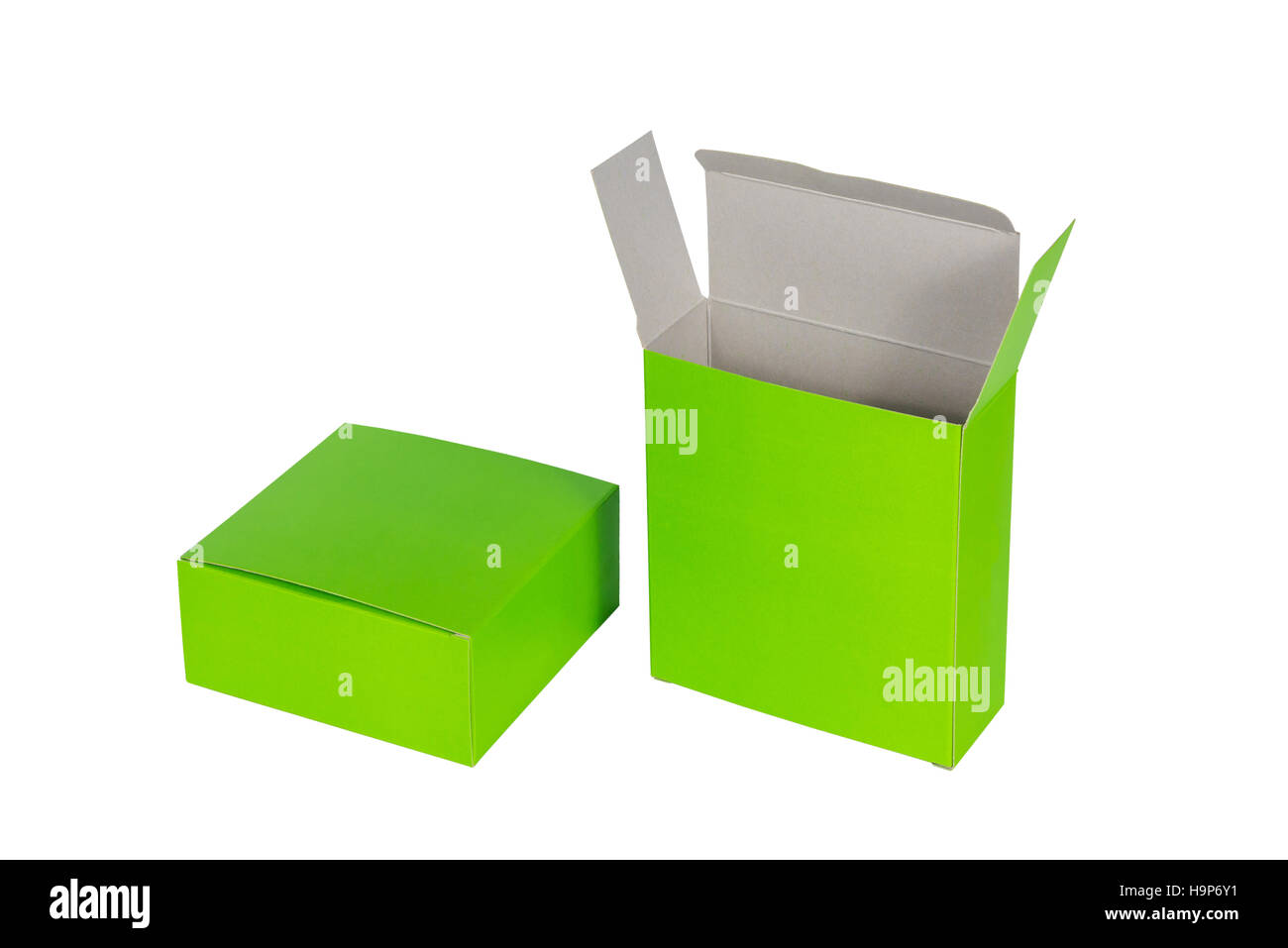 Two green Box with lid open or green paper package box isolated on ...