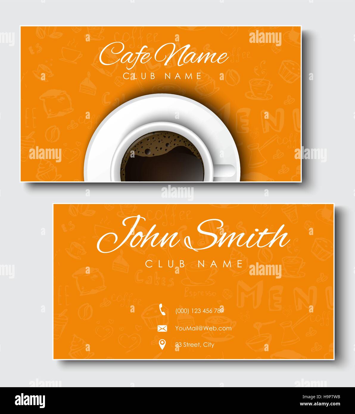 Templates of yellow cards for coffee shops and cafes. Design with hand ...