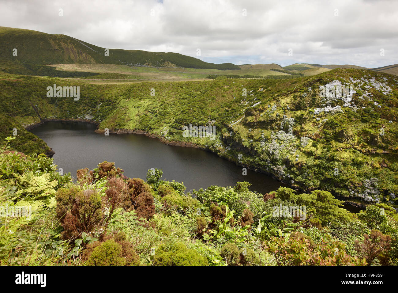 Azores landscape with lake in Flores island. Caldeira Comprida ...