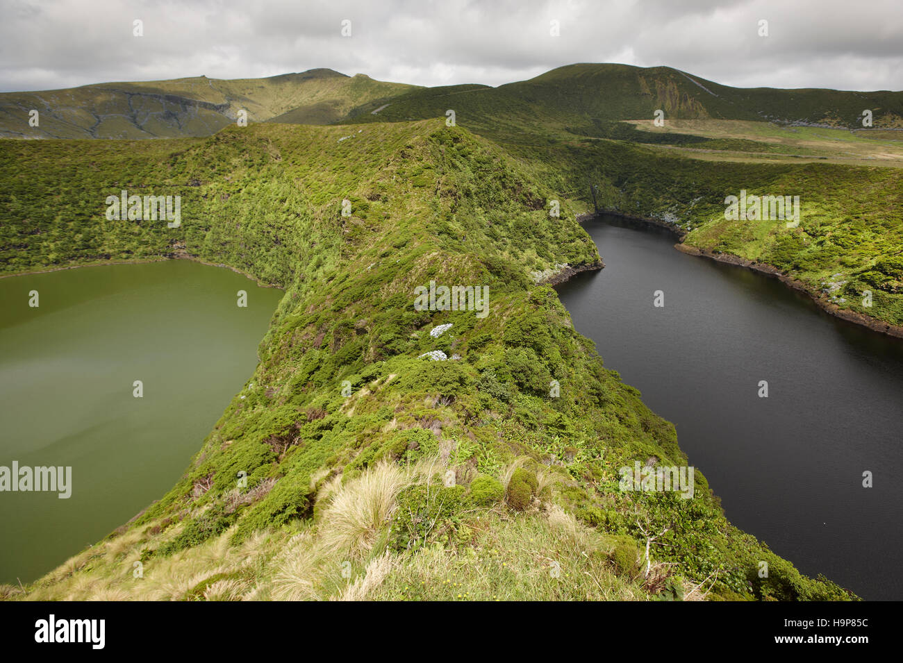 Azores landscape with lakes in Flores island. Caldeira Comprida Funda ...