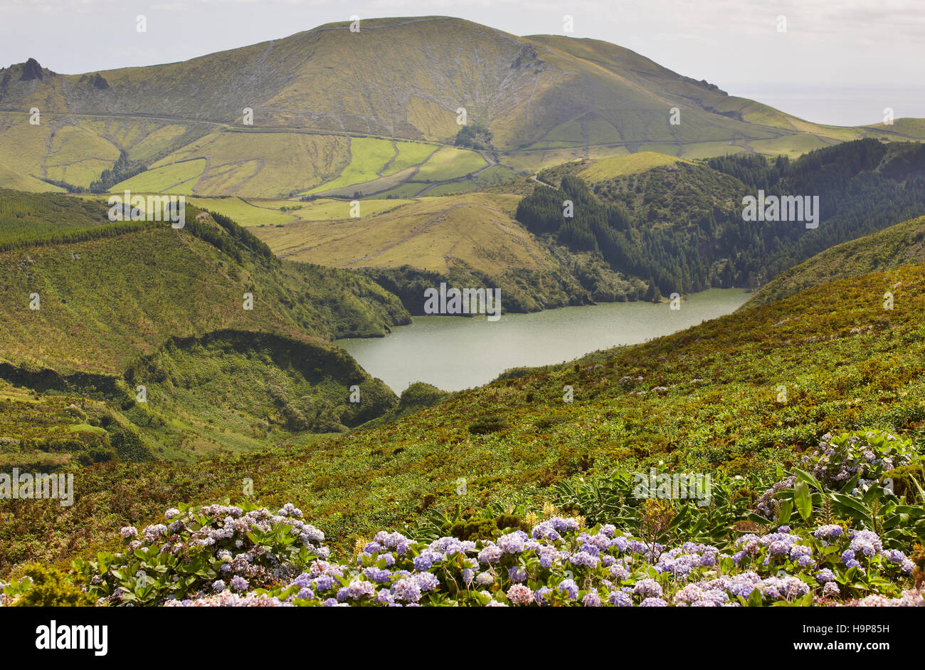 Azores landscape with lake in Flores island. Caldeira Funda. Portugal ...