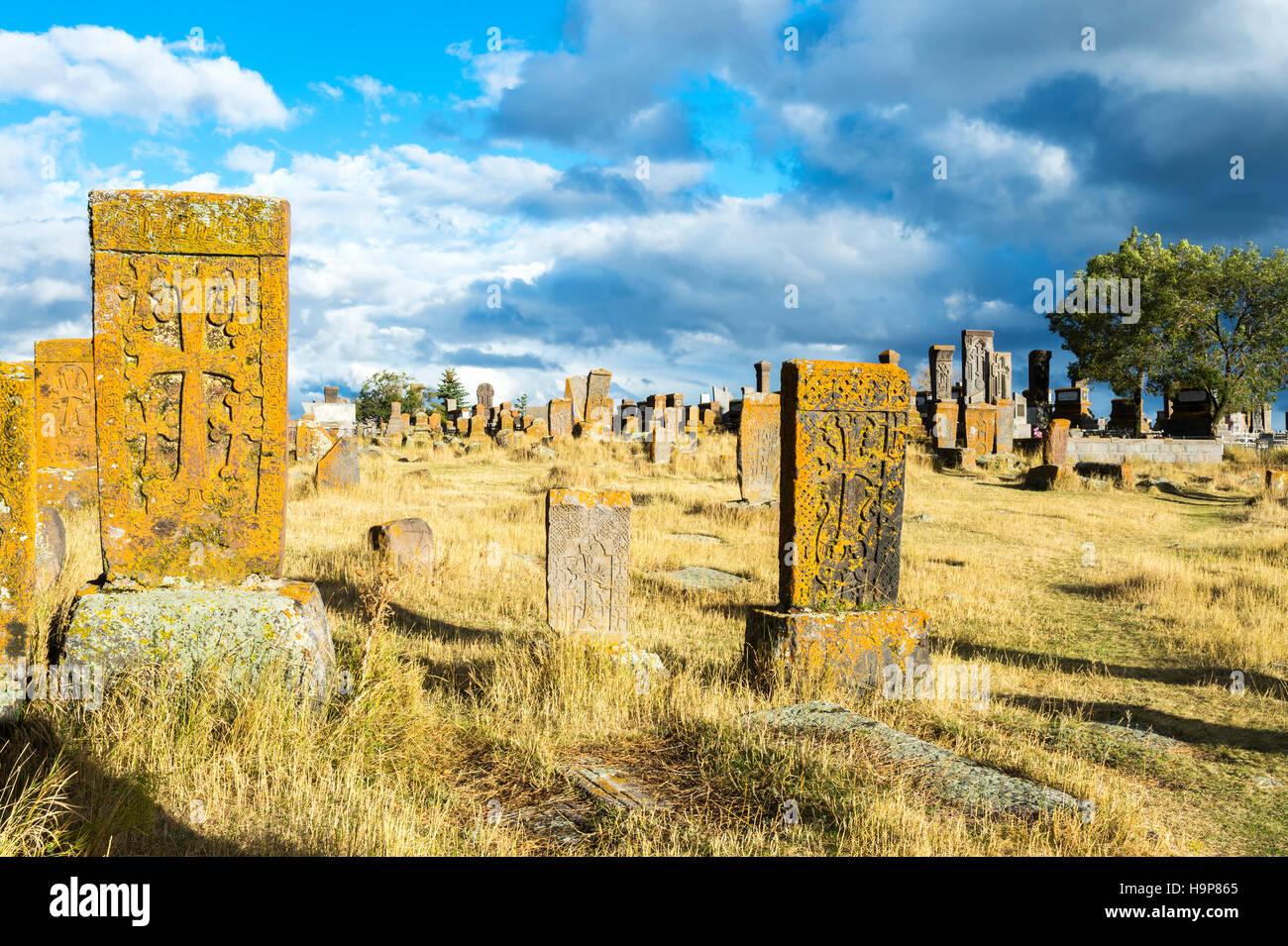 Medieval Khachkars carved memorial stele, Noratus cemetery, Sevan Lake ...