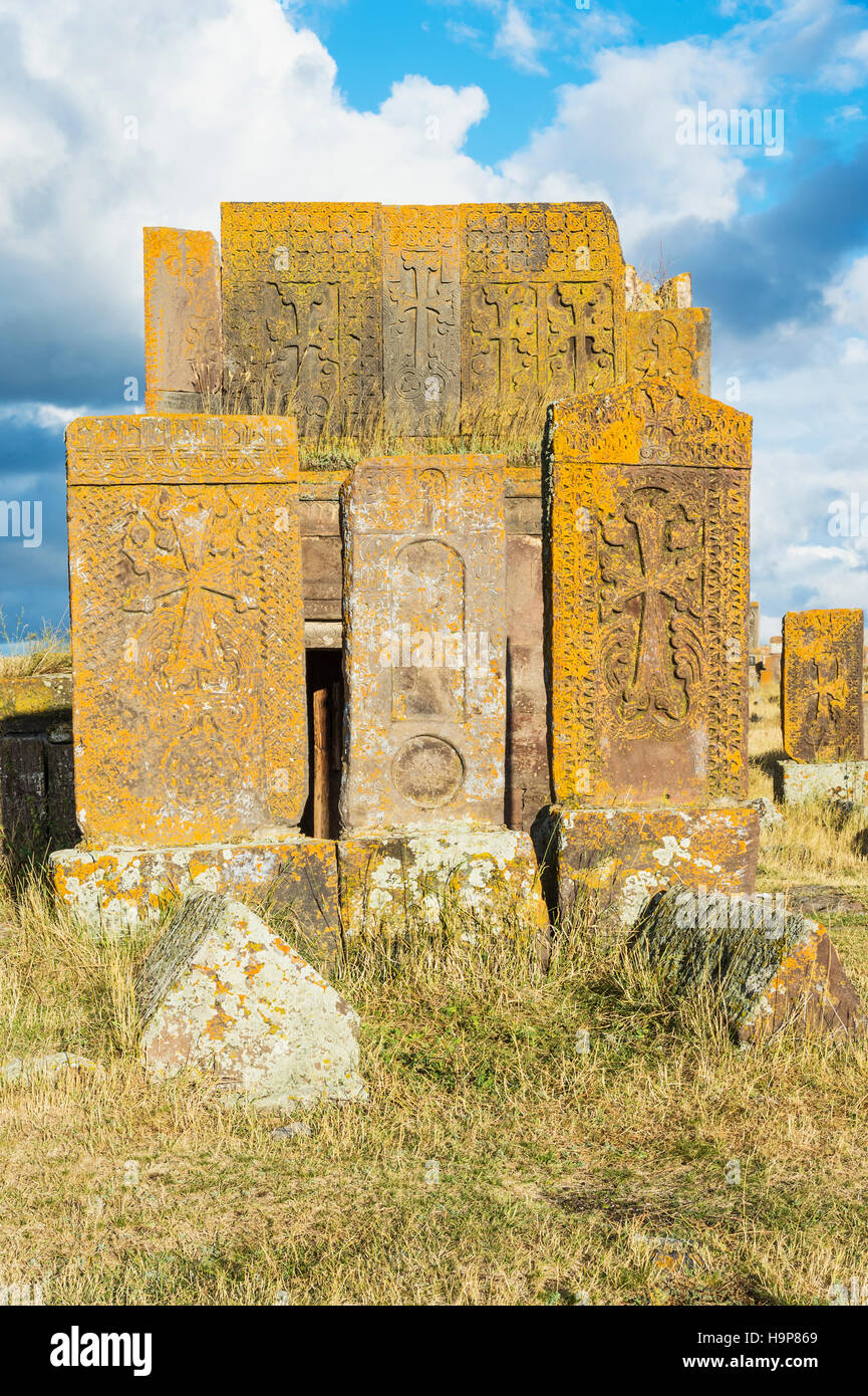 Medieval Khachkars carved memorial stele, Noratus cemetery, Sevan Lake ...