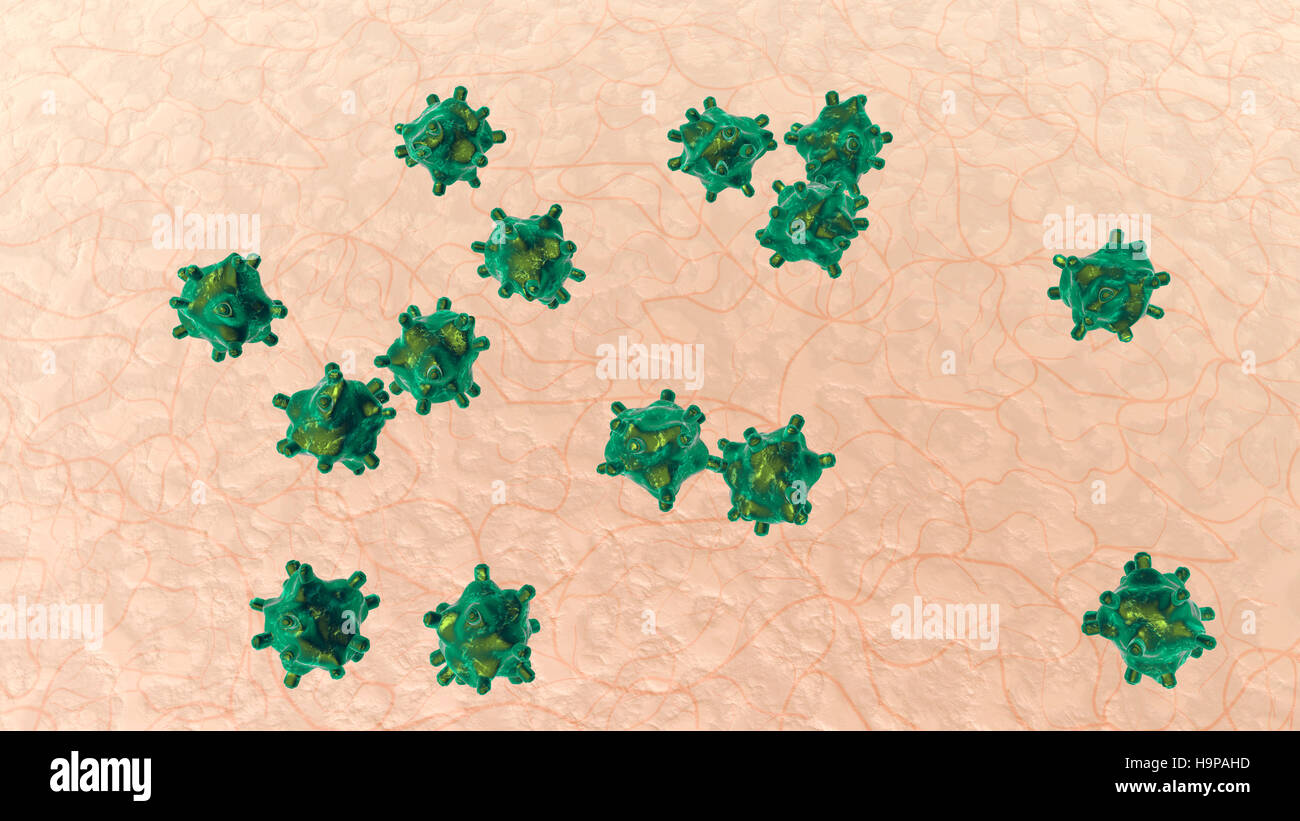 3D Illustration of generic germs, viruses or bacteria on human Skin ...
