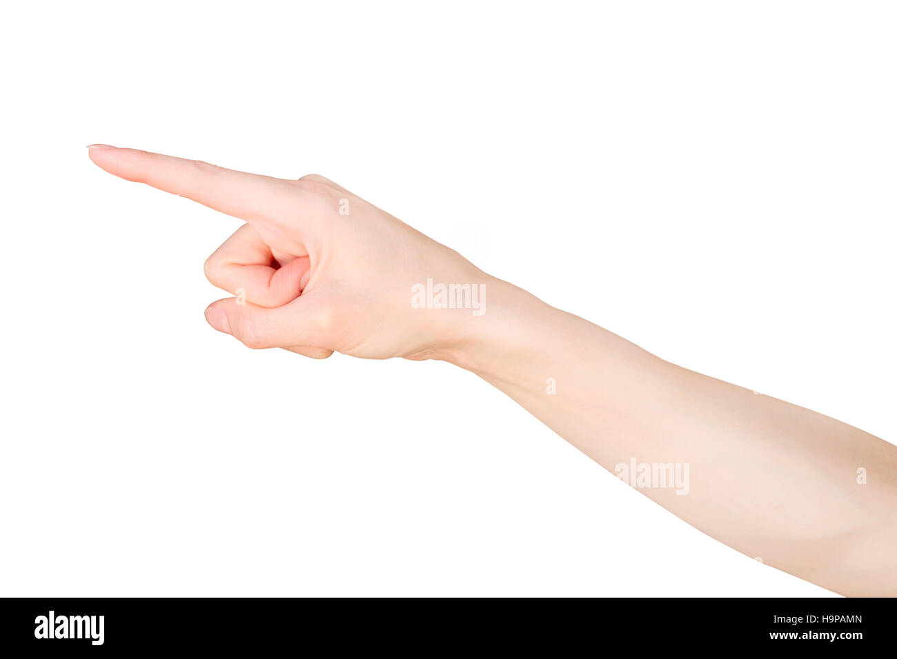 Pointing finger. Female hand pointing or touching something. Isolated ...