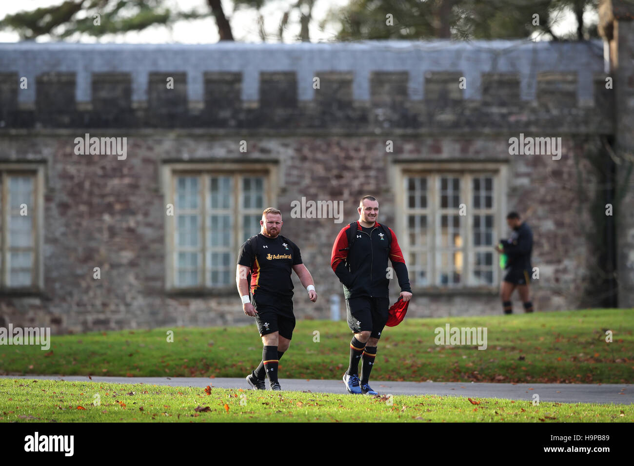 Wales' Samson Lee (left) and Ken Owens (right) arrive for a training ...