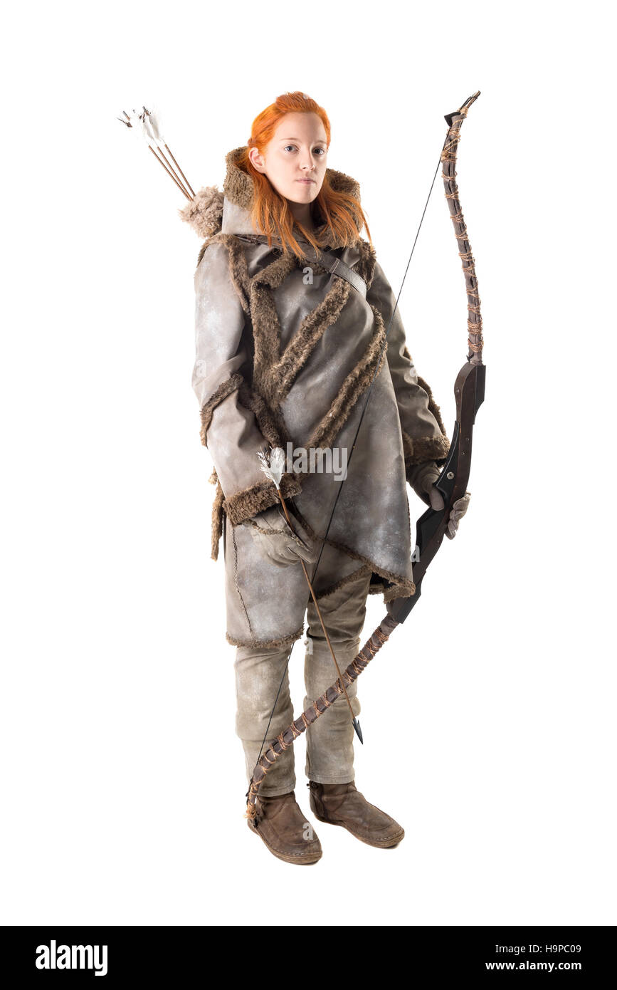 girl archer in a costume with bow isolated in white Stock Photo - Alamy