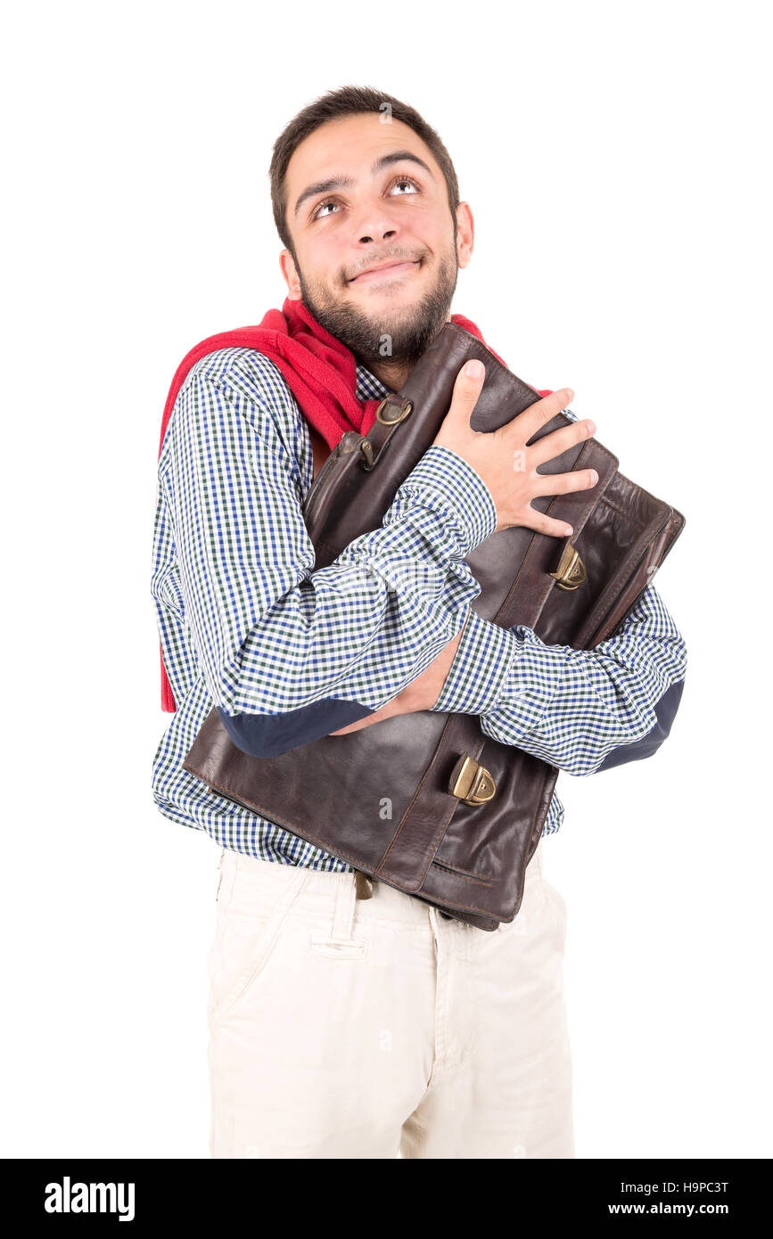Nerd posing with case isolated in a white background Stock Photo - Alamy