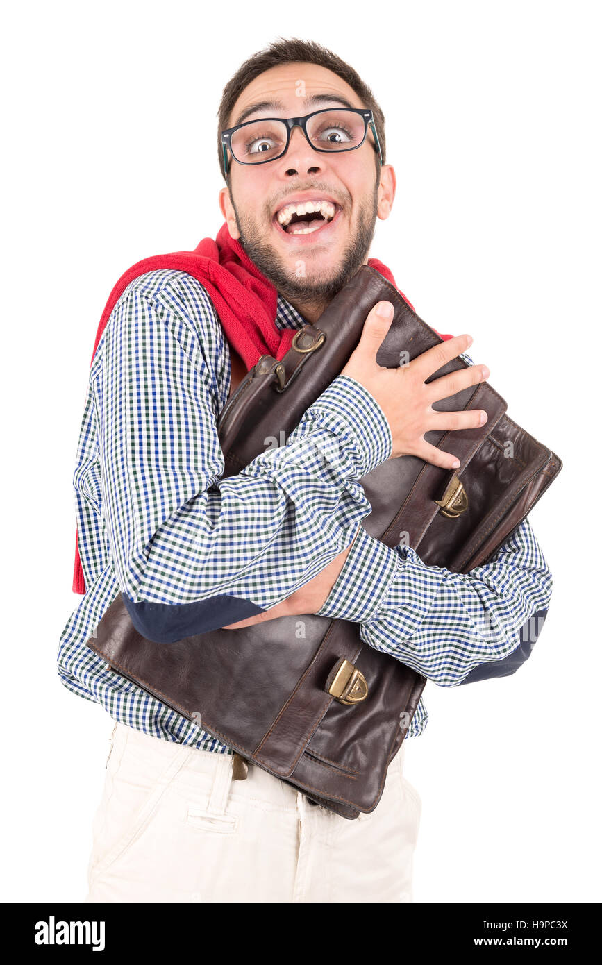 Nerd posing with case isolated in a white background Stock Photo - Alamy