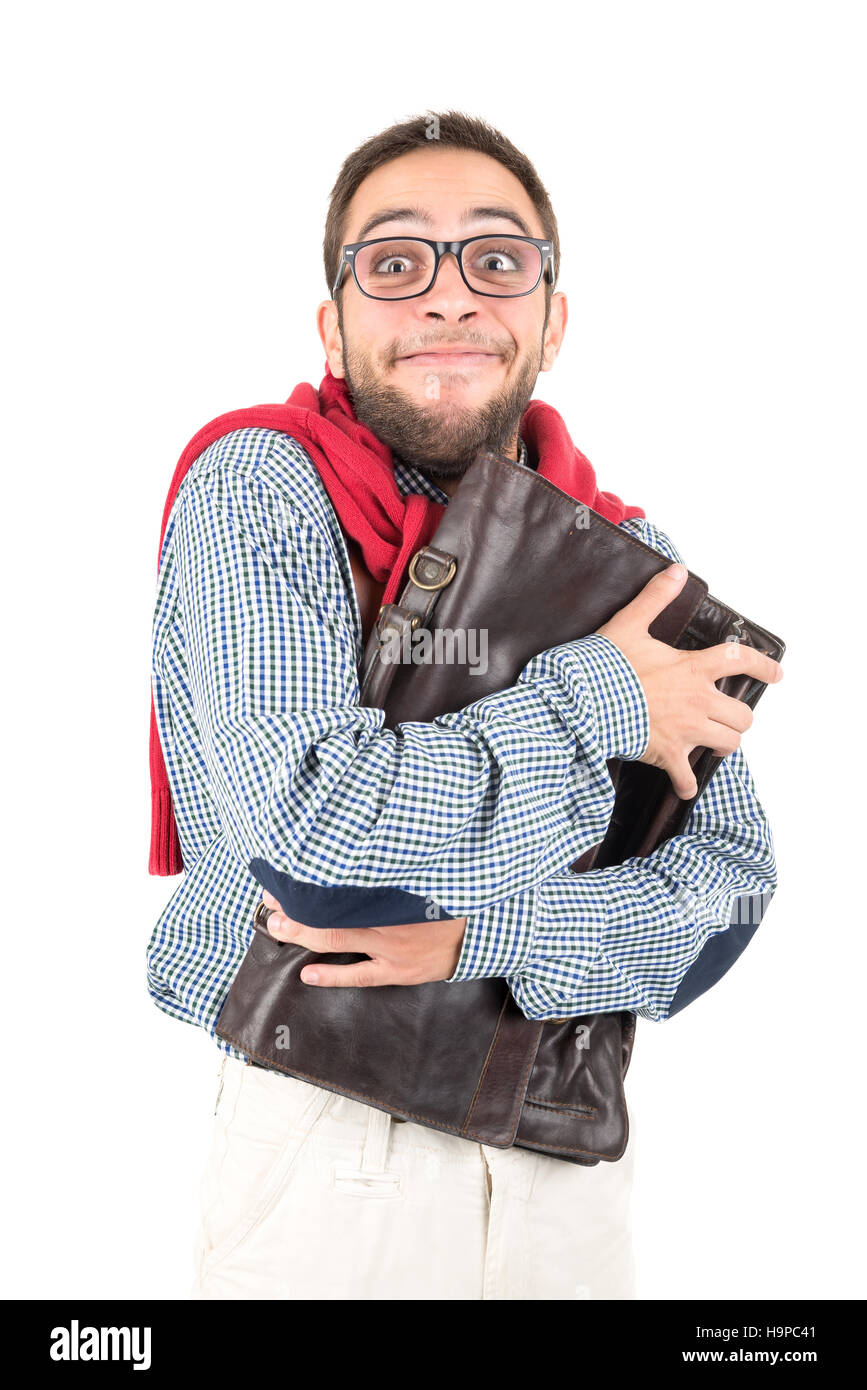 Nerd posing with case isolated in a white background Stock Photo - Alamy