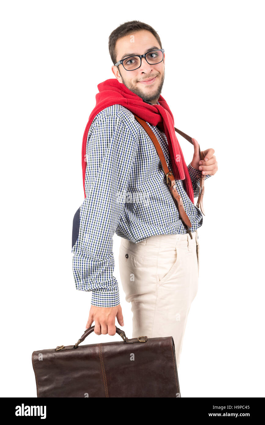 Young nerd posing with case isolated in a white background Stock Photo ...