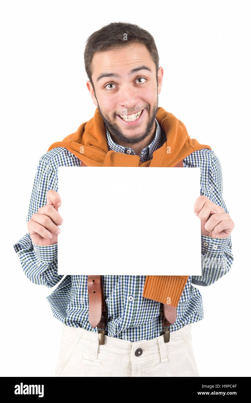 Happy nerd posing with blank board isolated in a white background Stock ...