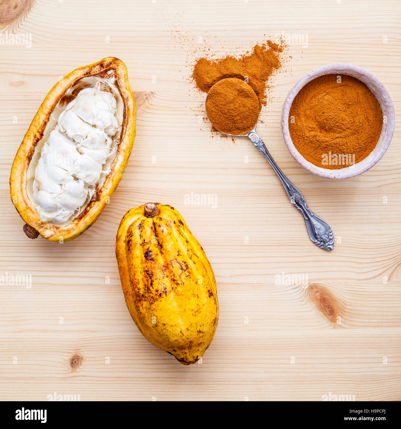 Ripe Indonesia's cocoa setup on rustic wooden background Stock Photo ...