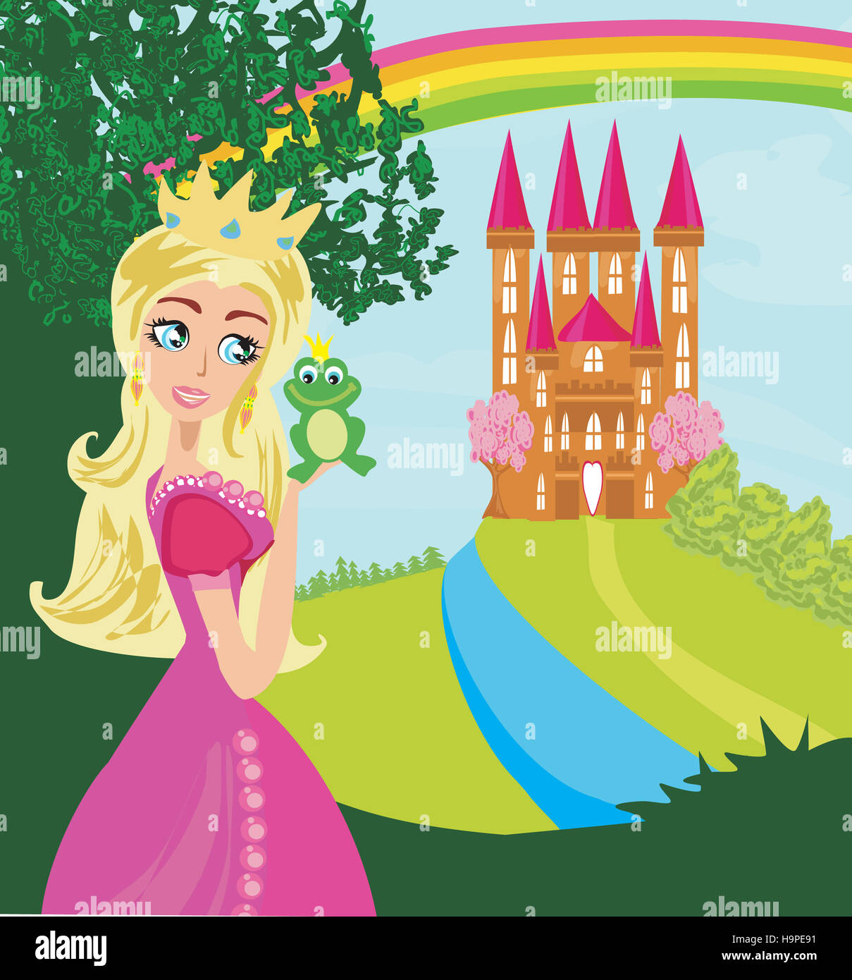 Beautiful young princess holding a big frog Stock Photo - Alamy