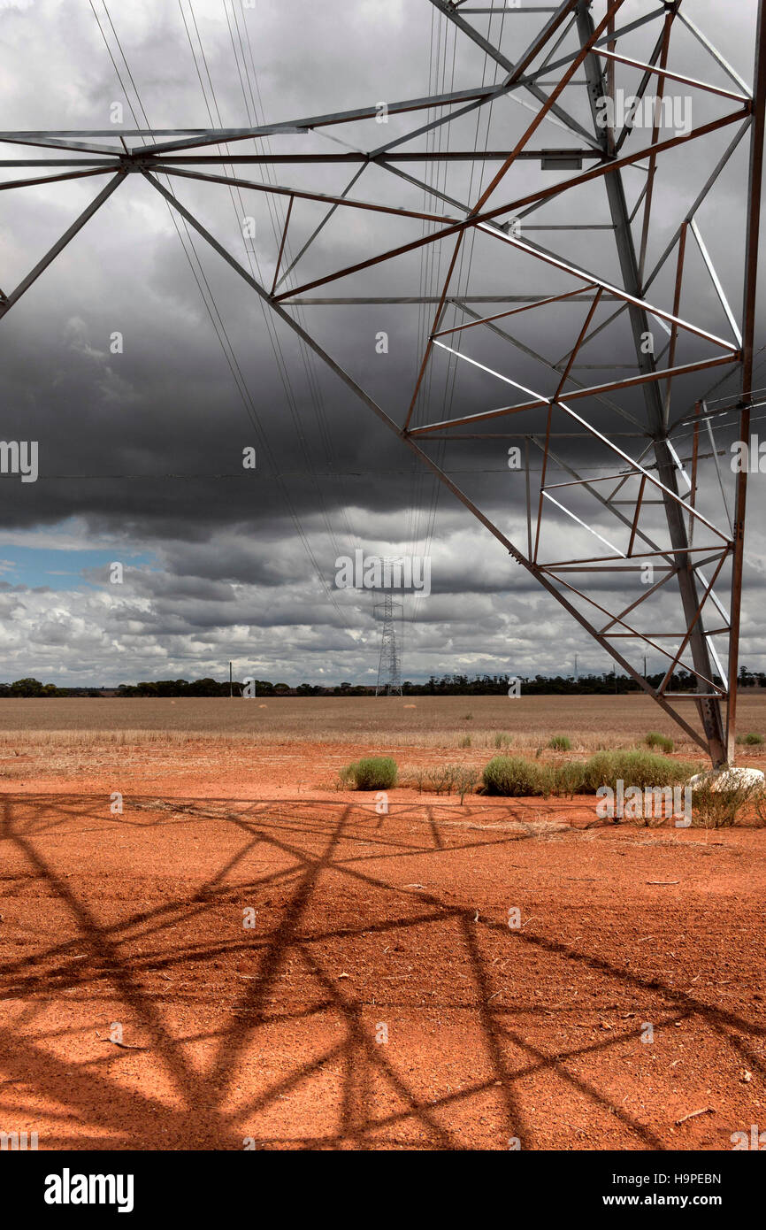 Looking across landscape to high tension pylons, Western Australia ...