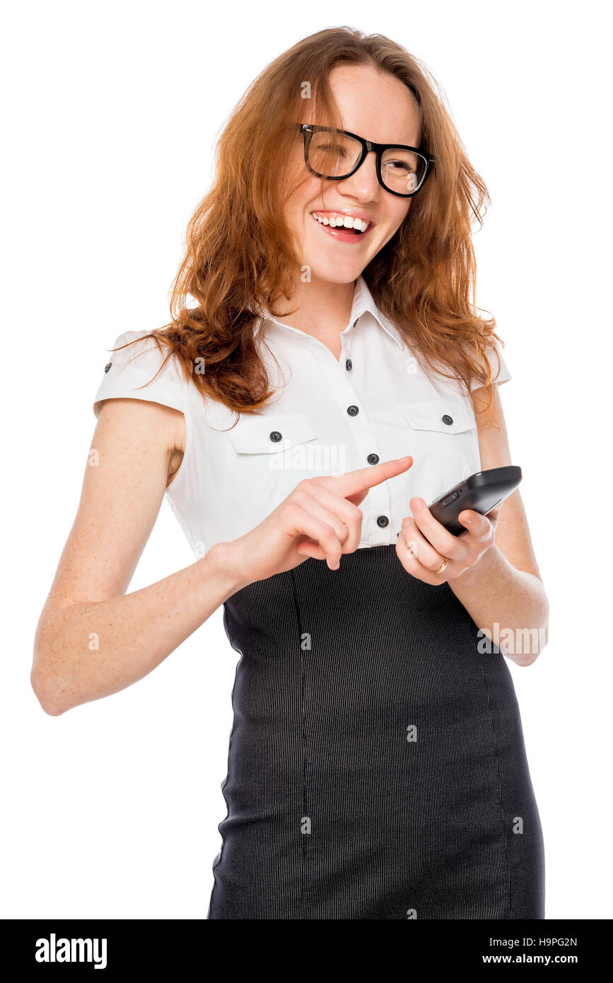 Happy secretary laughing on a white background Stock Photo - Alamy