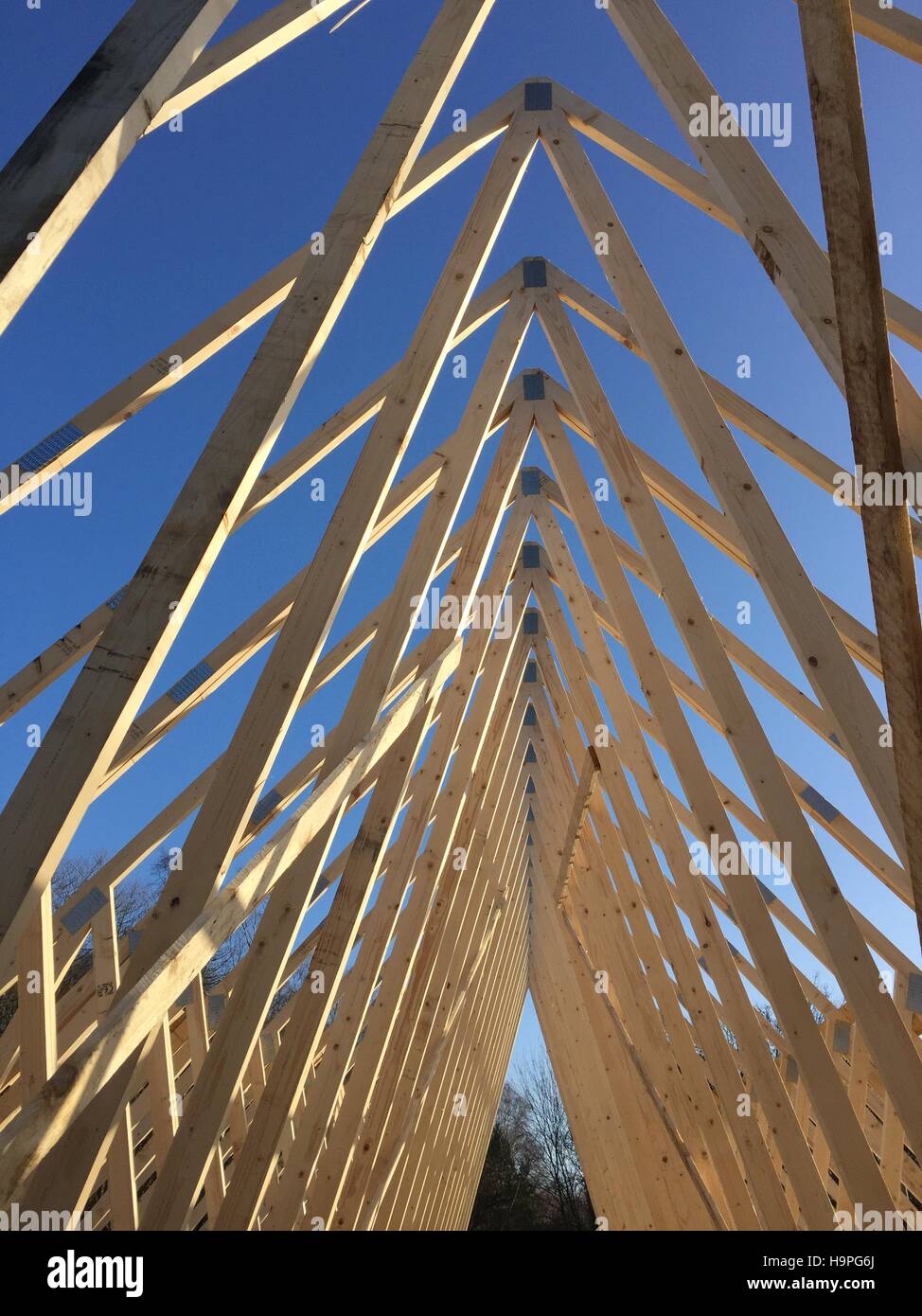 Low angle view of a new build roof under construction, installation and ...