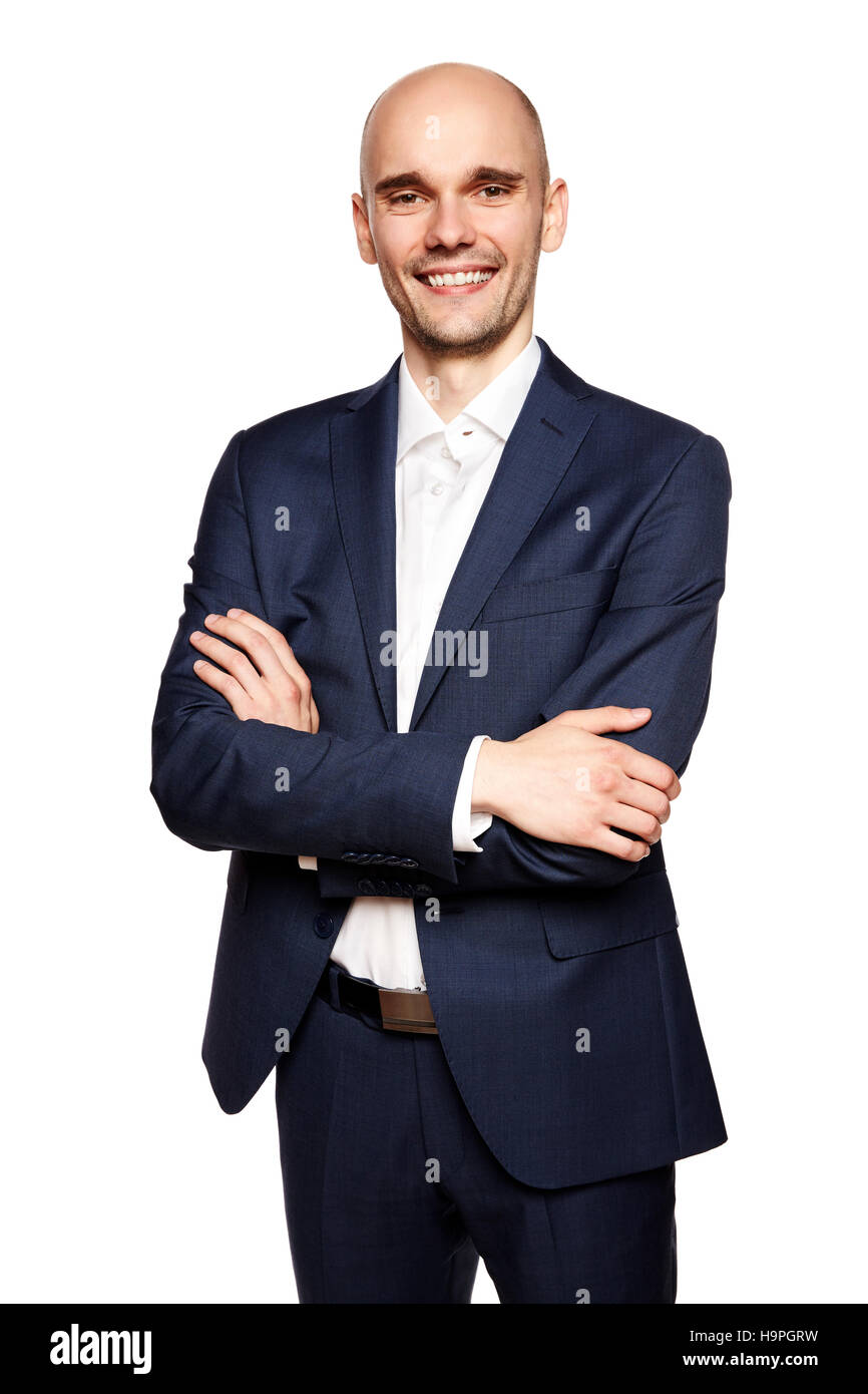 Studio shot of bald man isolated on white background Stock Photo - Alamy