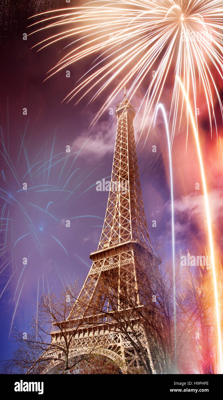 Eiffel tower with fireworks, celebration of the New Year in Paris ...