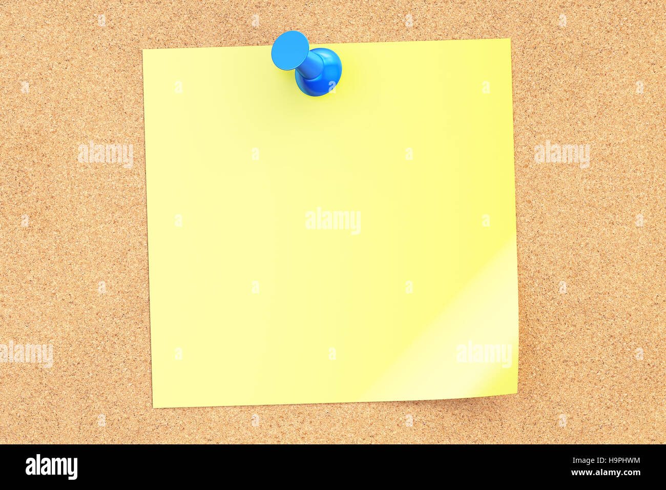 blue push pin with blank yellow sticky note on corkboard, 3D rendering ...