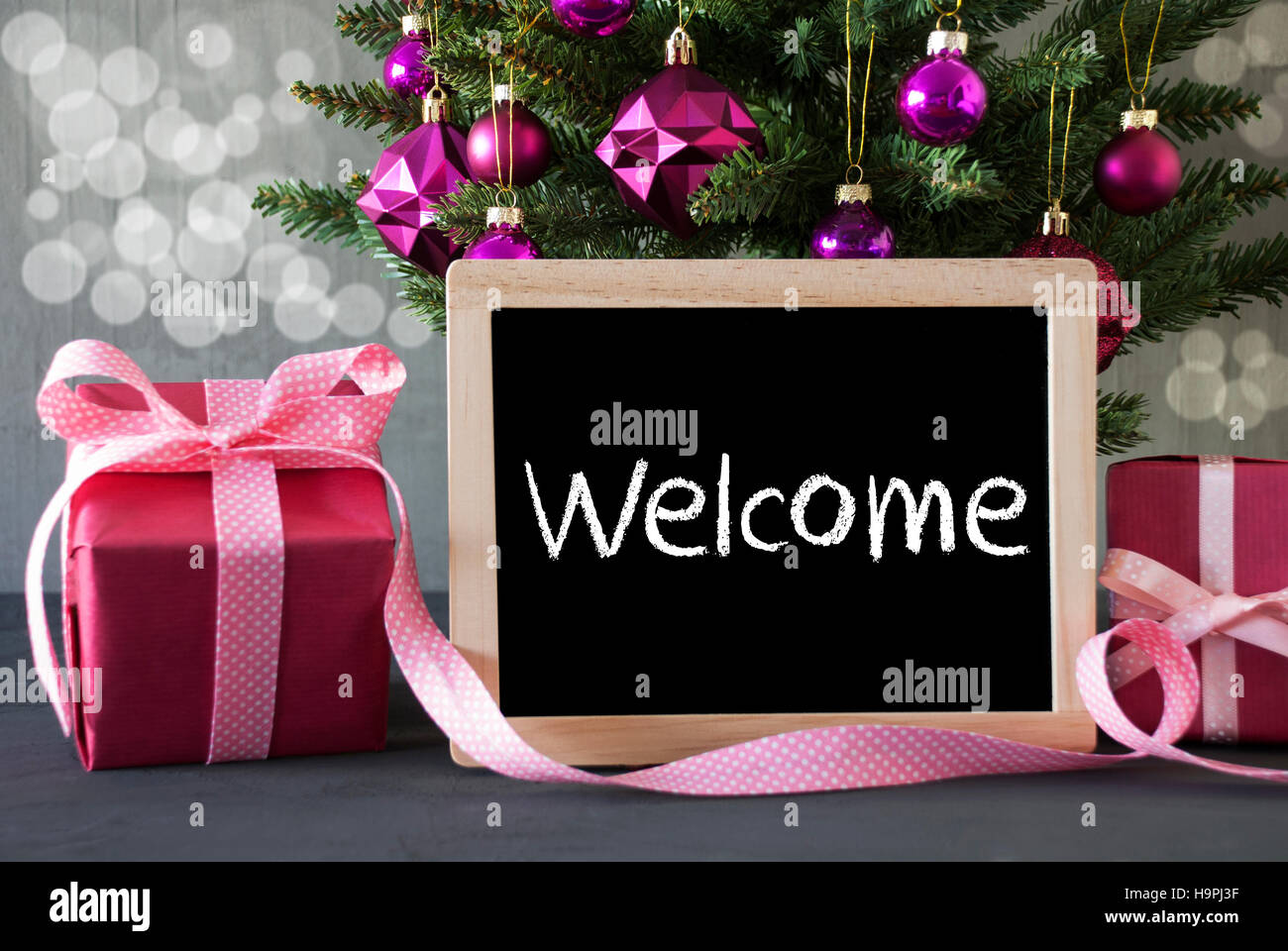 Tree With Gifts, Bokeh, Text Welcome Stock Photo - Alamy