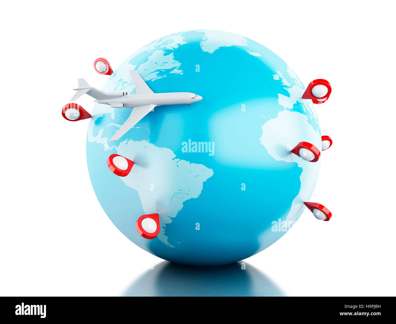 3D Illustration. Airplane flying around globe with map pointer. Travel ...