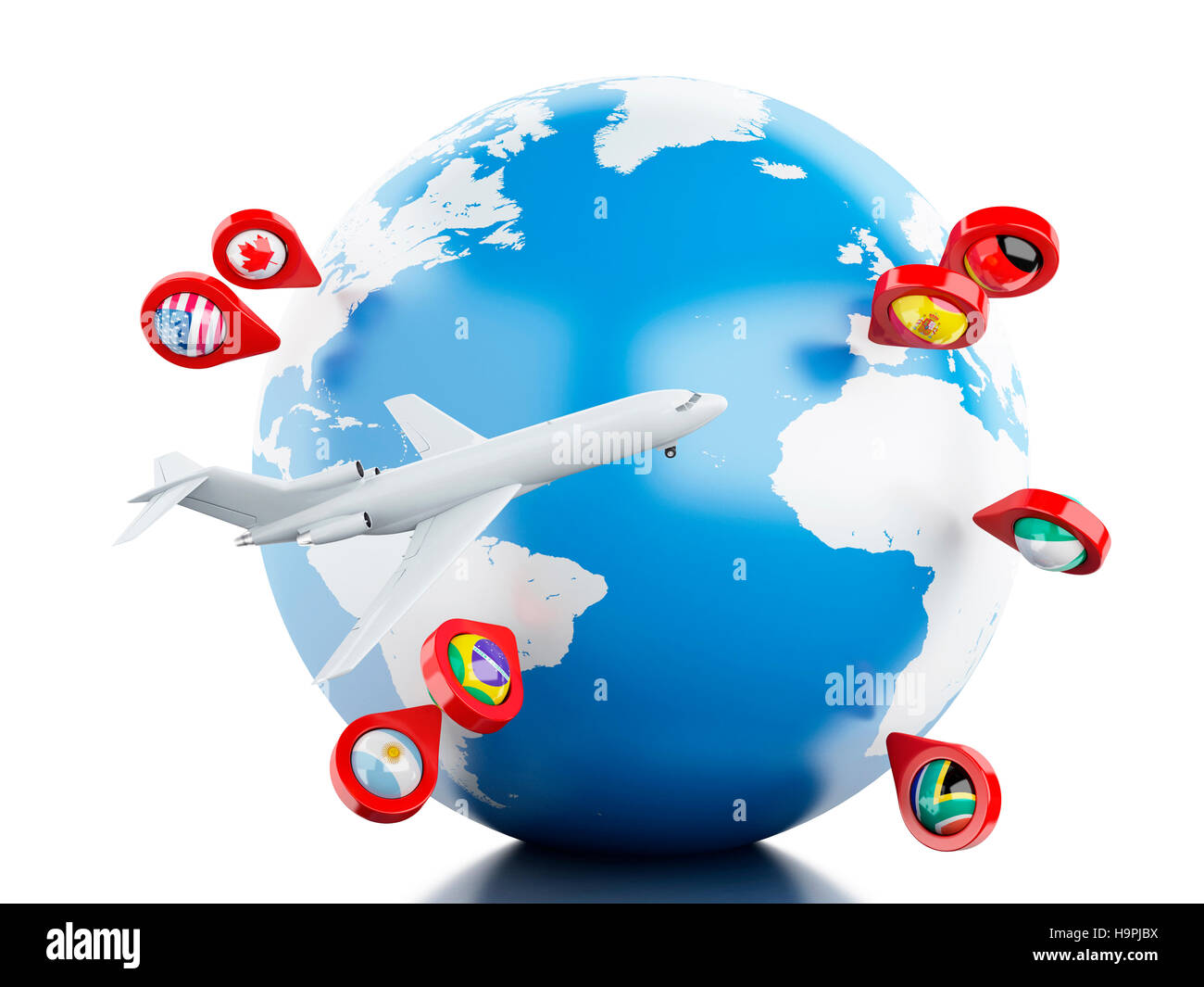 3D Illustration. Airplane flying around globe with map pointer. Travel ...