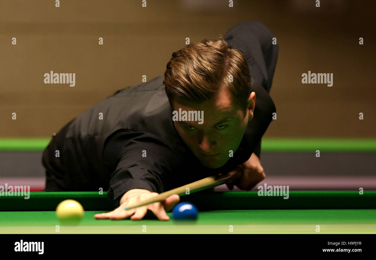 Liam Highfield in action during his first round match against ...