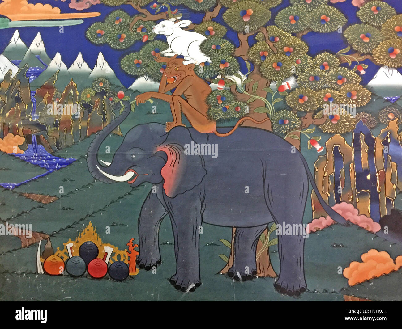 BHUTAN The fable of the Four Friends is a common theme in Buddhist art ...