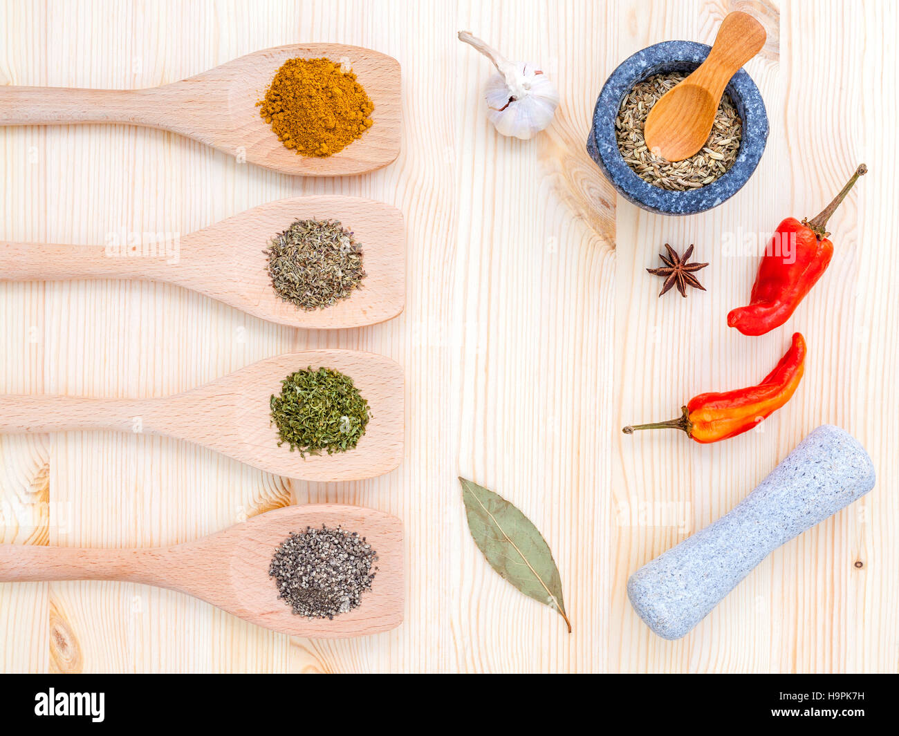 Food Cooking ingredients. Dried Spices herb bay leaves,turmeric Stock ...