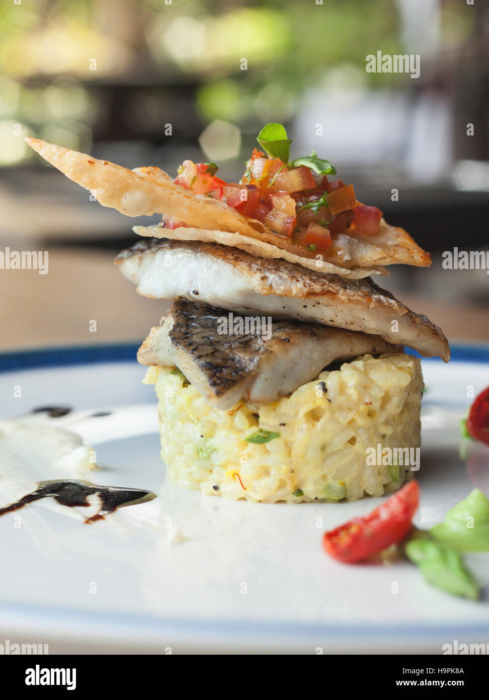 Fillet sea bass with vegetable and rice Stock Photo - Alamy
